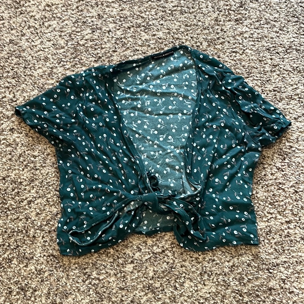 Green Brandy Melville Floral Cross Over Shirt - Gem